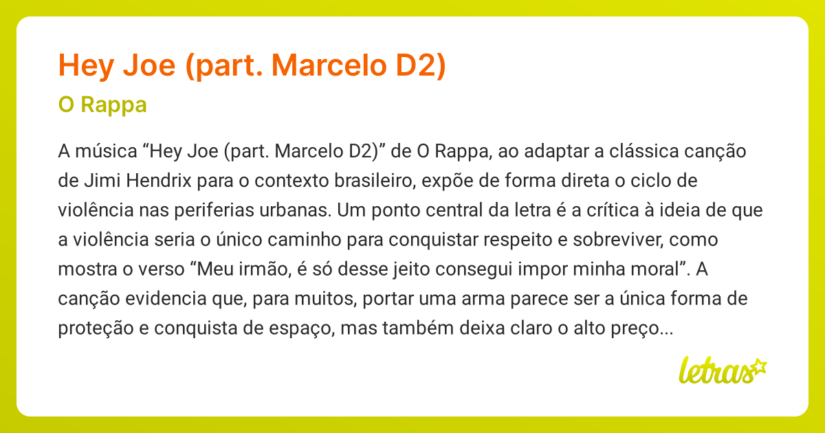 Significado da música HEY JOE (PART. MARCELO D2) (O Rappa) - LETRAS.MUS.BR