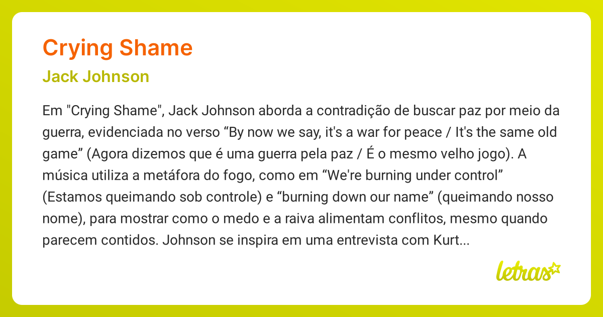 Significado da música CRYING SHAME (Jack Johnson) - LETRAS.MUS.BR