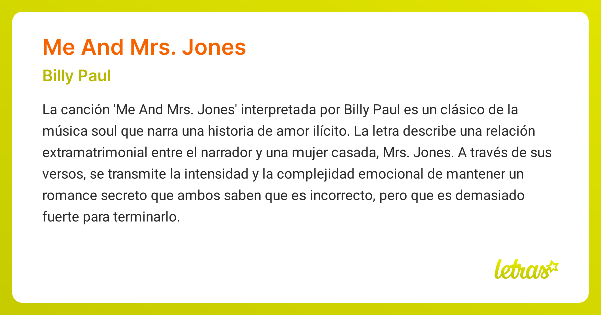 Significado de la canción ME AND MRS. JONES (Billy Paul) - LETRAS.COM