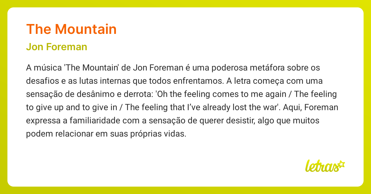 Significado da música THE MOUNTAIN (Jon Foreman) - LETRAS.MUS.BR