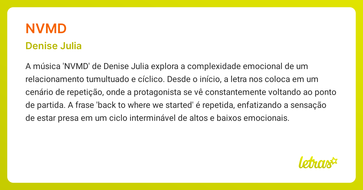 Significado da música NVMD (Denise Julia) - LETRAS.MUS.BR