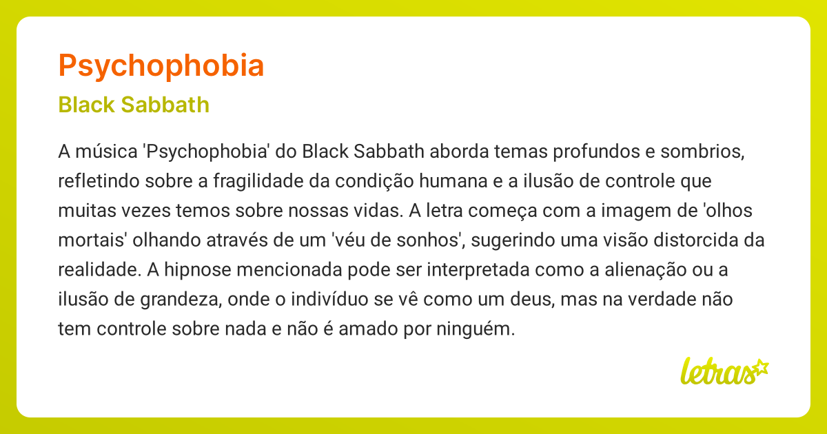 Significado da música PSYCHOPHOBIA (Black Sabbath) - LETRAS.MUS.BR