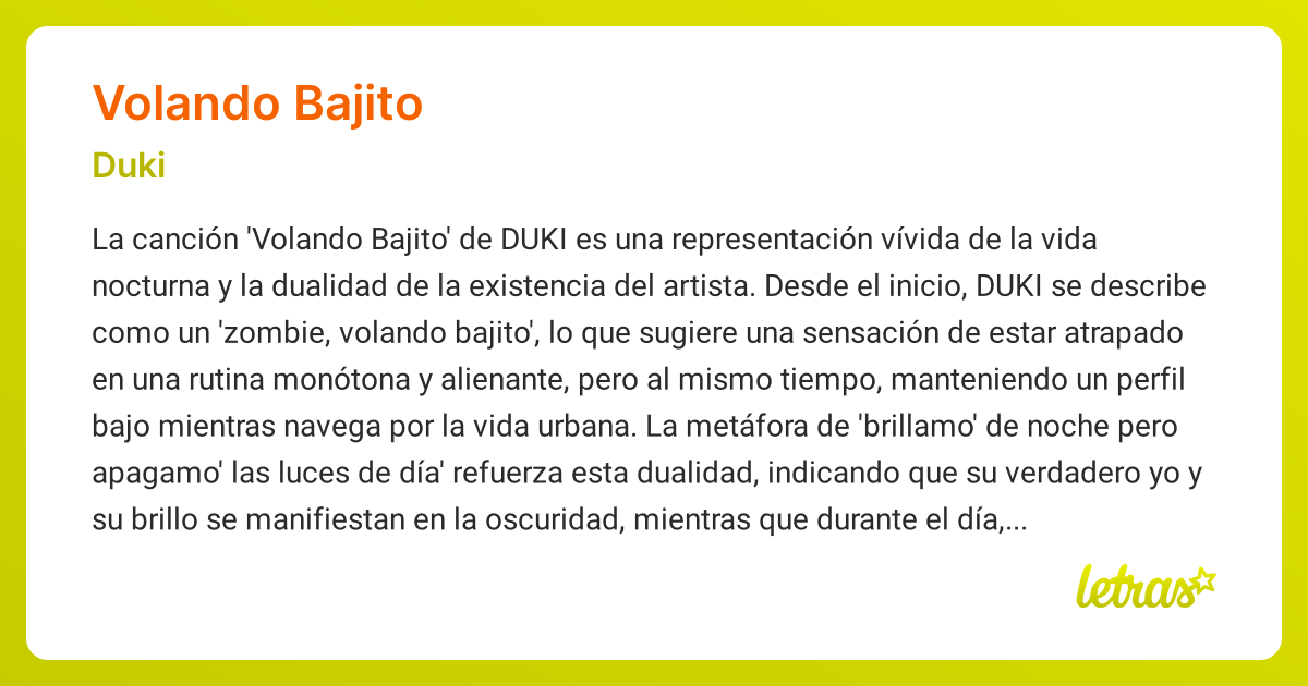Significado de la canción VOLANDO BAJITO (Duki) - LETRAS.COM