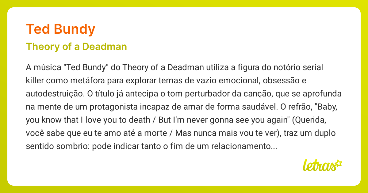Significado da música TED BUNDY (Theory of a Deadman) - LETRAS.MUS.BR