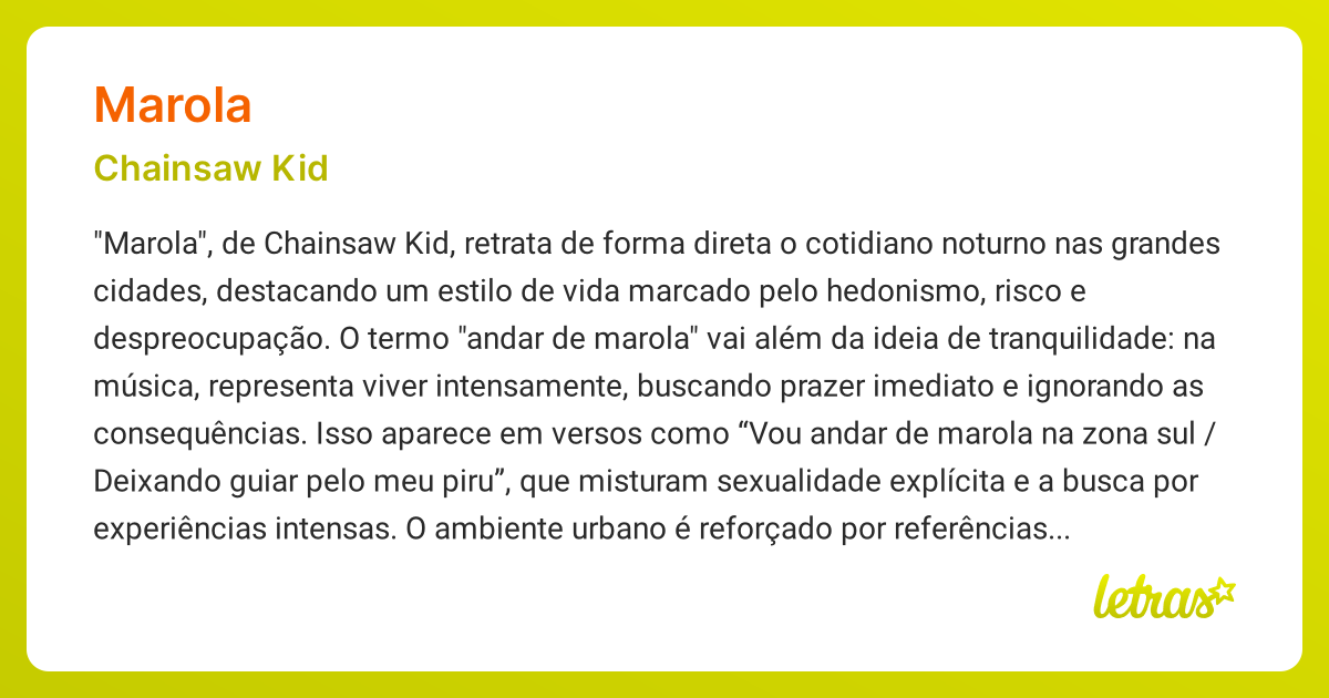 Significado da música MAROLA (Chainsaw Kid) - LETRAS.MUS.BR