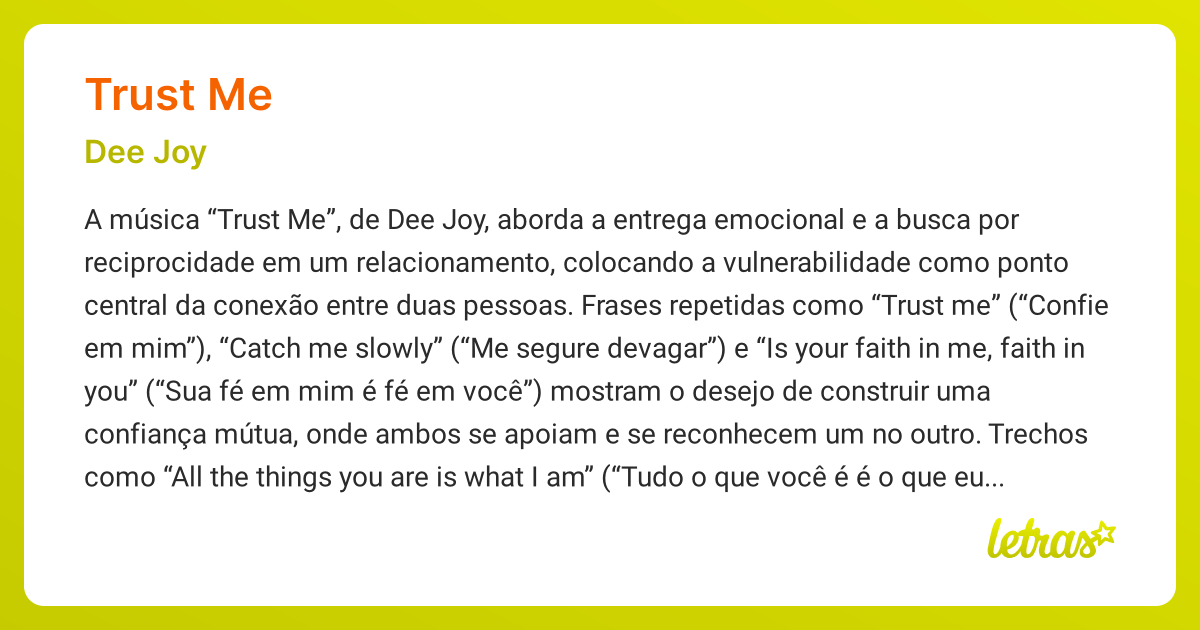 Significado da música TRUST ME (Dee Joy) - LETRAS.MUS.BR