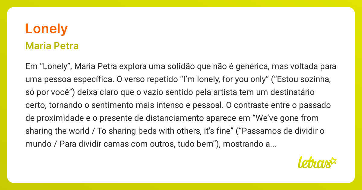 Significado da música LONELY (Maria Petra) - LETRAS.MUS.BR