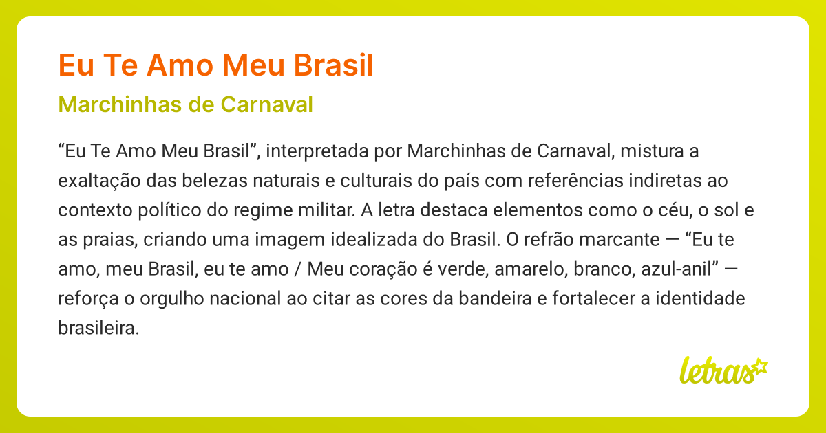 Significado da música EU TE AMO MEU BRASIL (Marchinhas de Carnaval ...