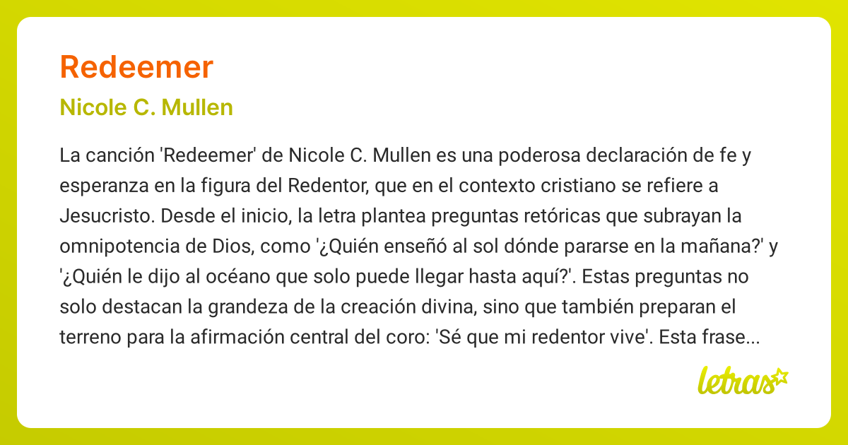 Significado de la canción REDEEMER (Nicole C. Mullen) - LETRAS.COM