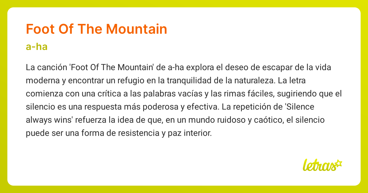 Significado de la canción FOOT OF THE MOUNTAIN (a-ha) - LETRAS.COM
