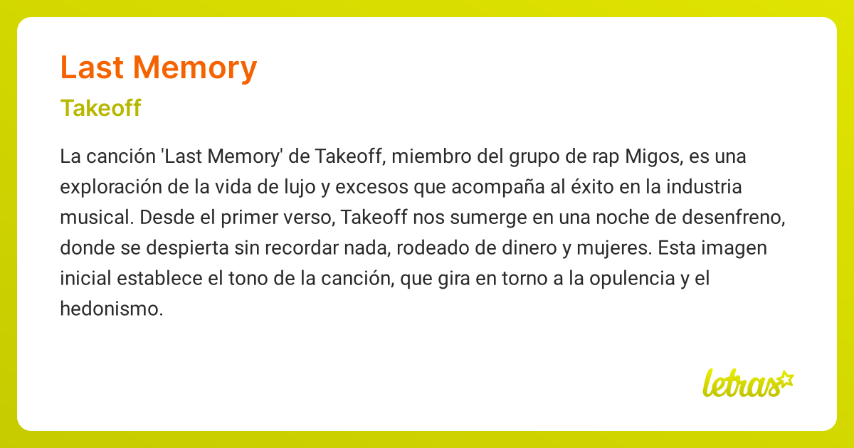 Significado de la canción LAST MEMORY (Takeoff) - LETRAS.COM