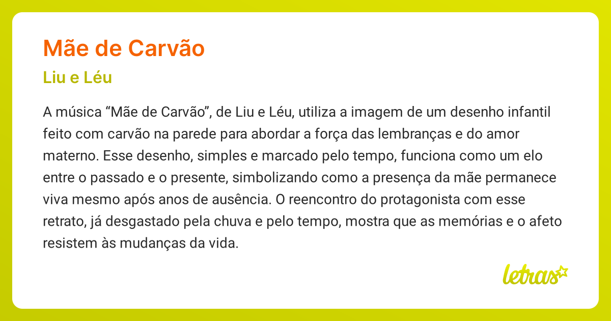 Significado da música MÃE DE CARVÃO (Liu e Léu) - LETRAS.MUS.BR