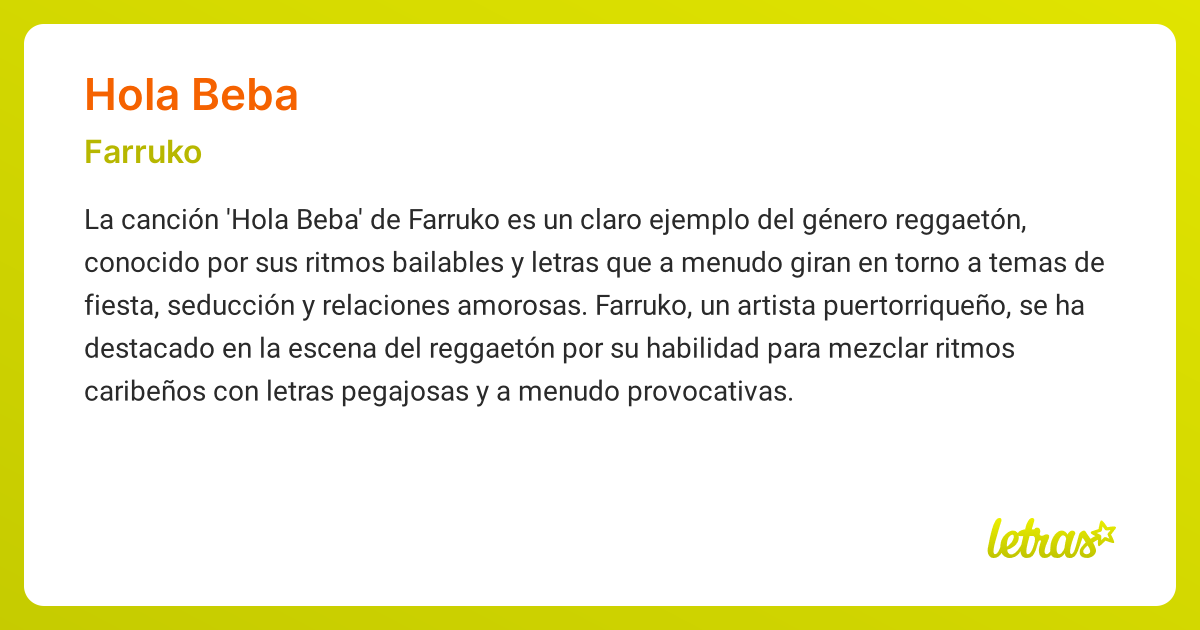 Significado de la canción HOLA BEBA (Farruko) - LETRAS.COM