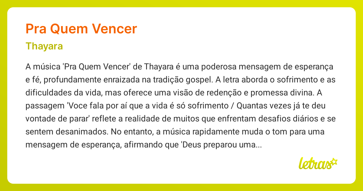 Significado da música PRA QUEM VENCER (Thayara) - LETRAS.MUS.BR