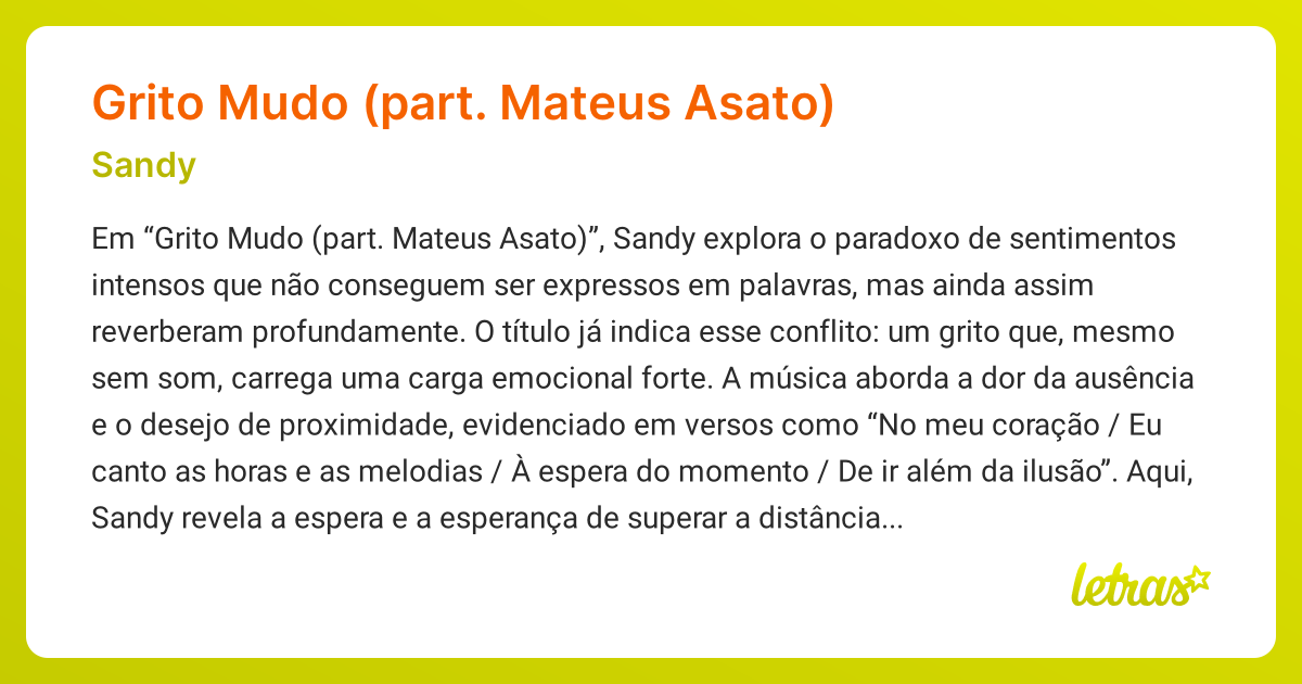 Significado da música Grito Mudo (part. Mateus Asato) (Sandy) - LETRAS ...
