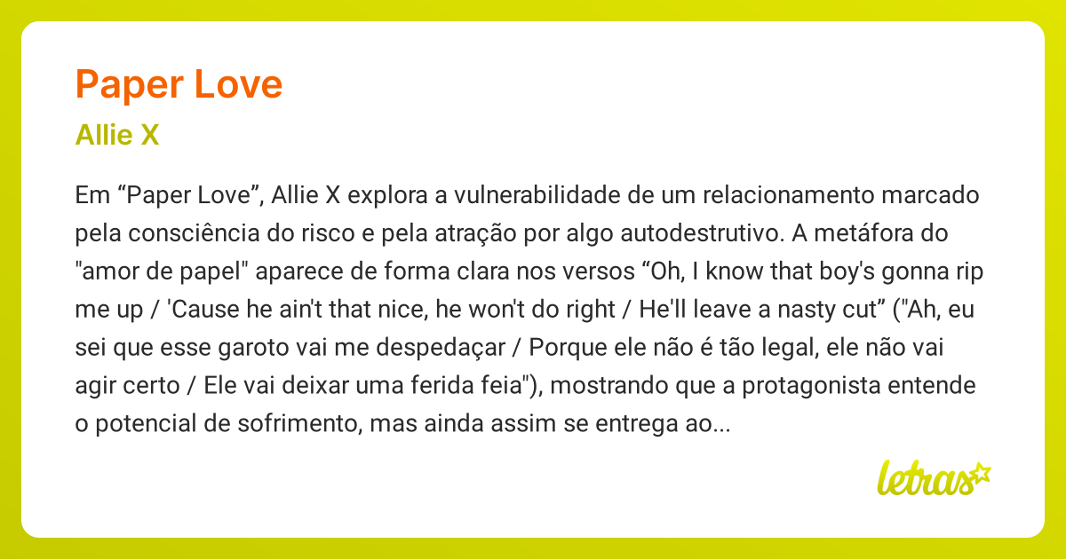 Significado da música PAPER LOVE (Allie X) - LETRAS.MUS.BR