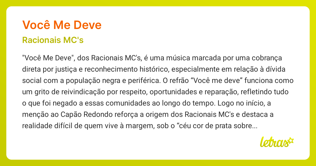 Significado da música VOCÊ ME DEVE (Racionais MC's) - LETRAS.MUS.BR