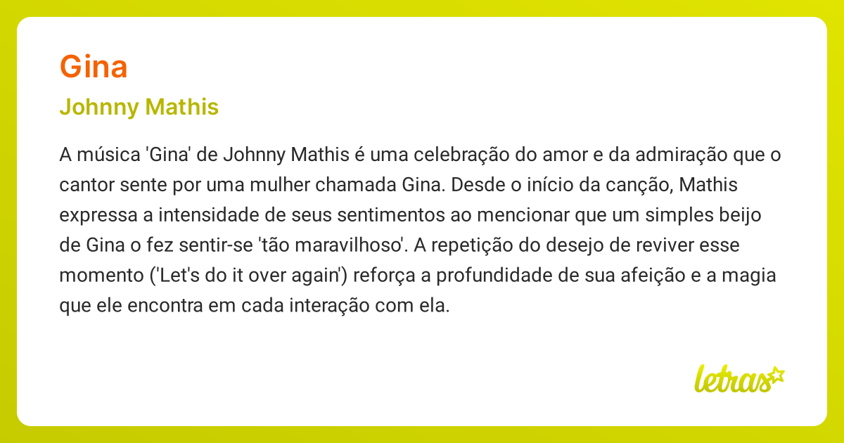 Significado da música GINA (Johnny Mathis) - LETRAS.MUS.BR
