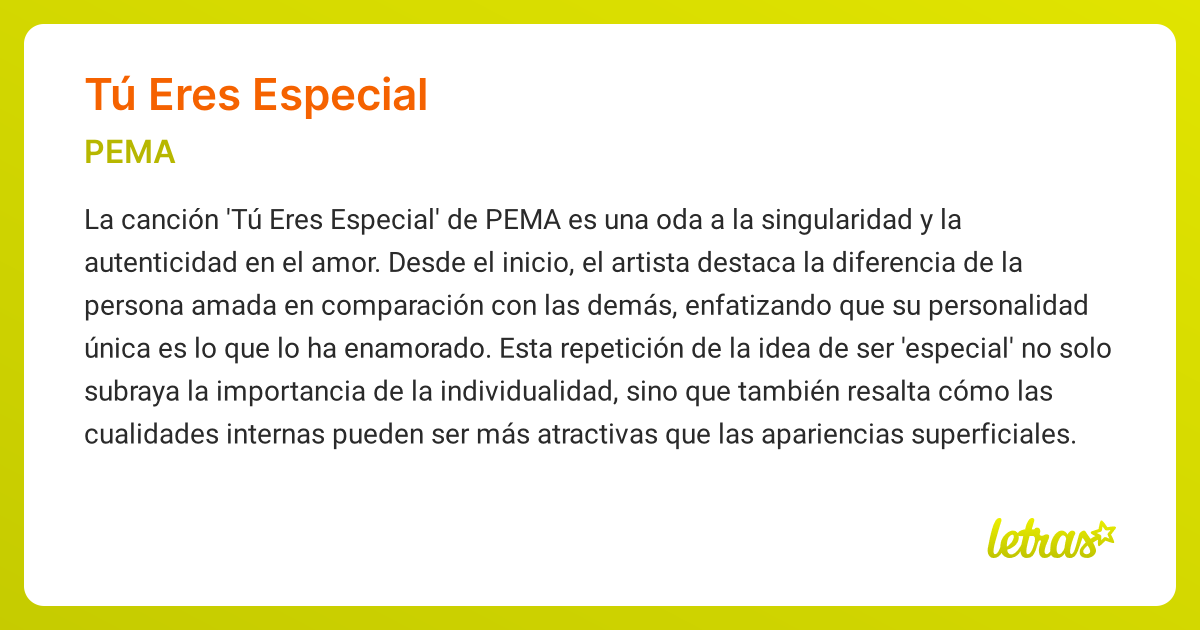 Significado de la canción TÚ ERES ESPECIAL (PEMA) - LETRAS.COM