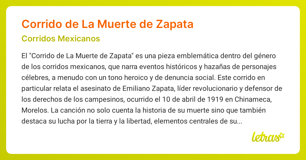 Significado de la canción CORRIDO DE LA MUERTE DE ZAPATA (Corridos ...