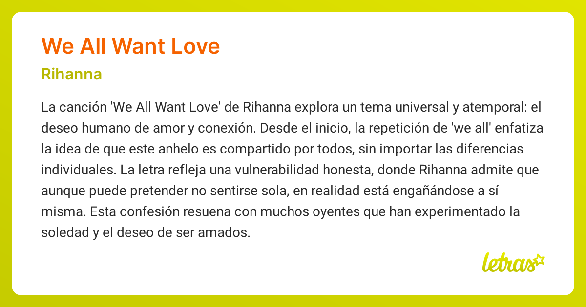 Significado de la canción WE ALL WANT LOVE (Rihanna) - LETRAS.COM