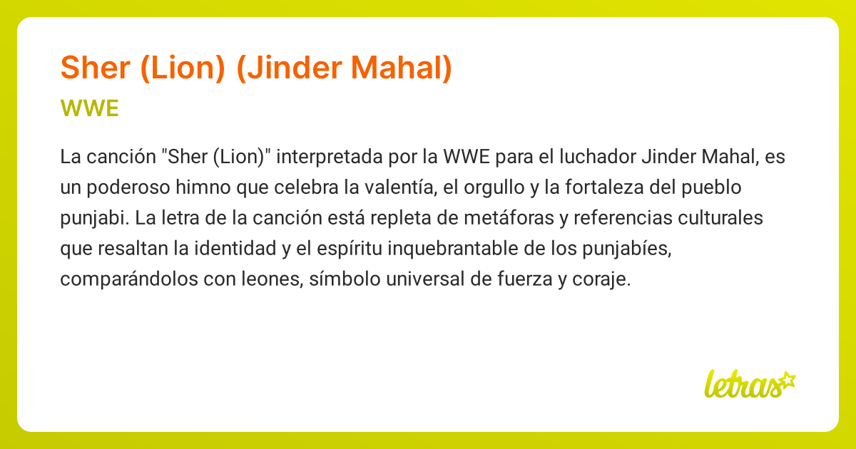 Significado de la canción SHER (LION) (JINDER MAHAL) (WWE) - LETRAS.COM