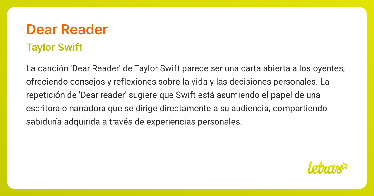 Significado de la canción DEAR READER (Taylor Swift) - LETRAS.COM