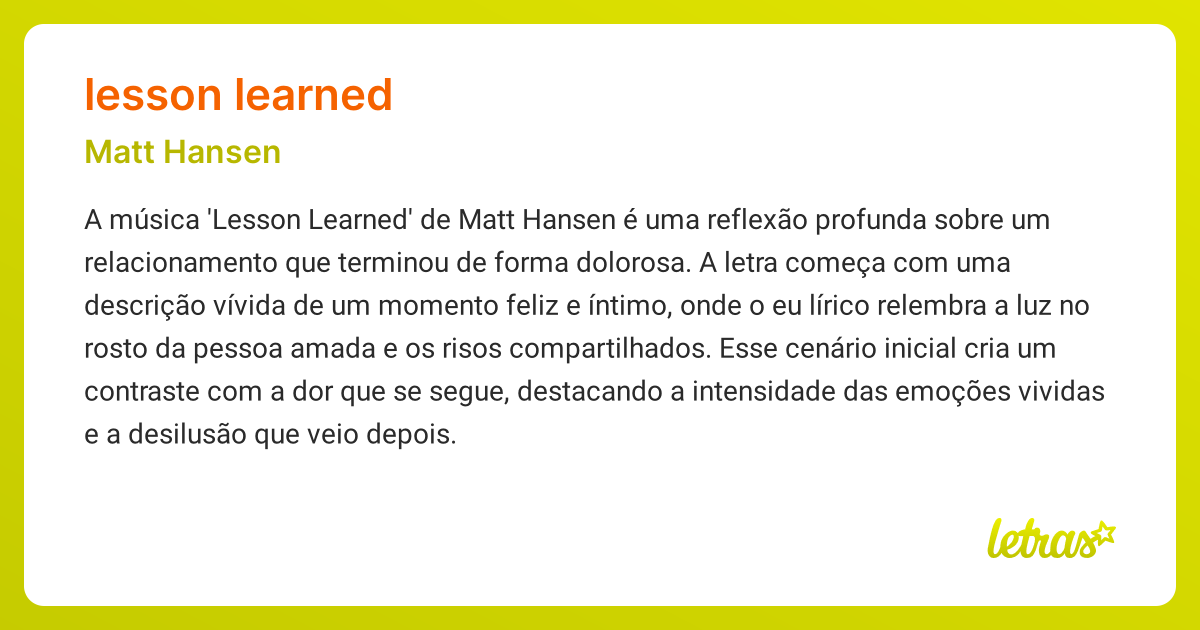Significado da música LESSON LEARNED (Matt Hansen) - LETRAS.MUS.BR