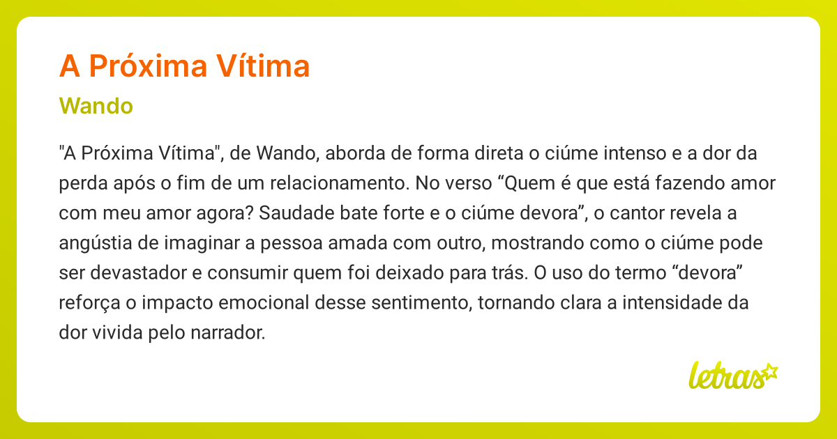 Significado da música A PRÓXIMA VÍTIMA (Wando) - LETRAS.MUS.BR