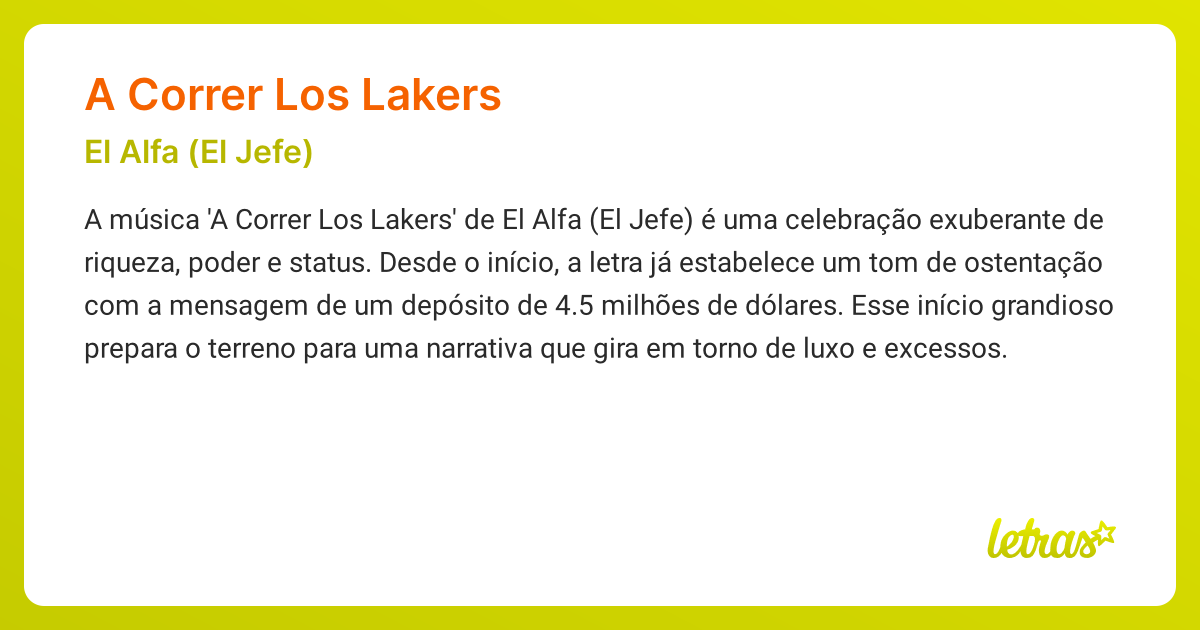 Significado da música A CORRER LOS LAKERS (El Alfa (El Jefe)) - LETRAS ...