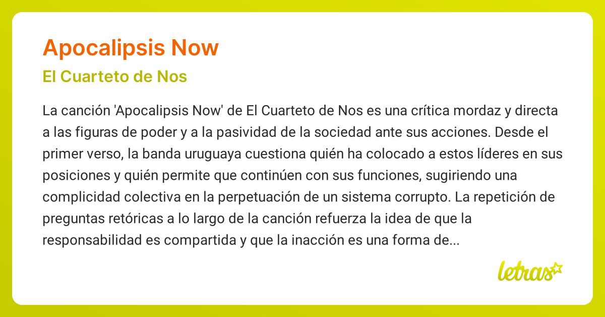 Significado de la canción APOCALIPSIS NOW (El Cuarteto de Nos) - LETRAS.COM