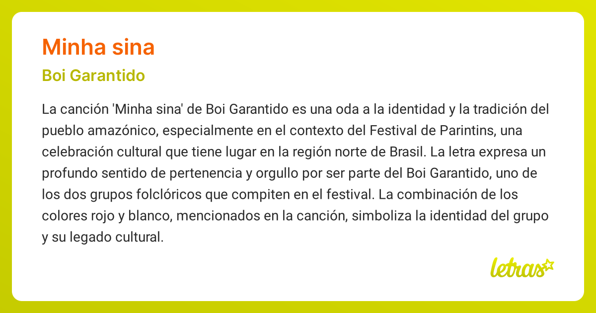 Significado de la canción MINHA SINA (Boi Garantido) - LETRAS.COM