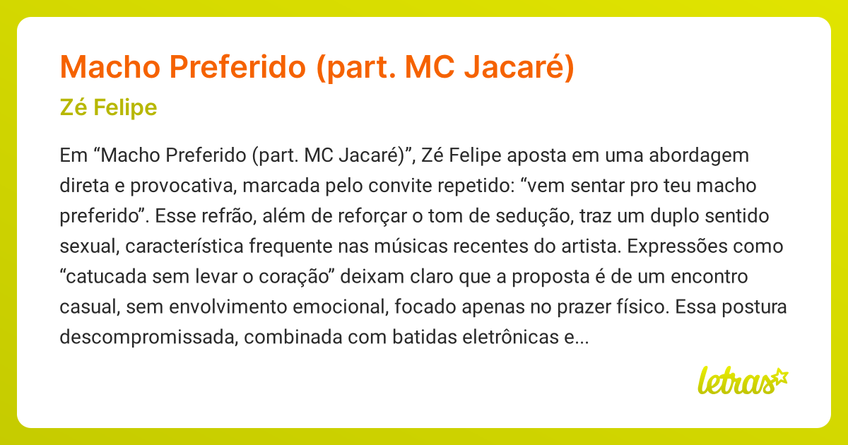 Significado da música Macho Preferido (part. MC Jacaré) (Zé Felipe ...