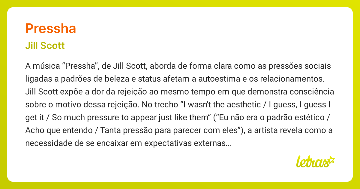 Significado da música PRESSHA (Jill Scott) - LETRAS.MUS.BR