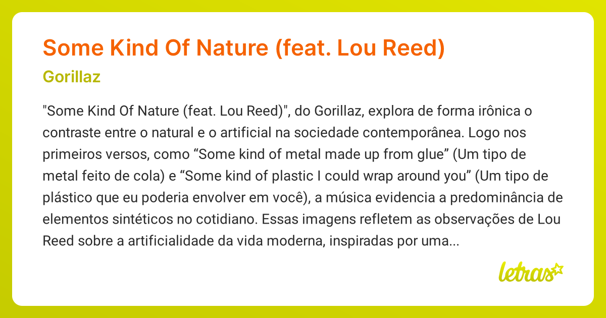 Significado da música Some Kind Of Nature (feat. Lou Reed) (Gorillaz ...