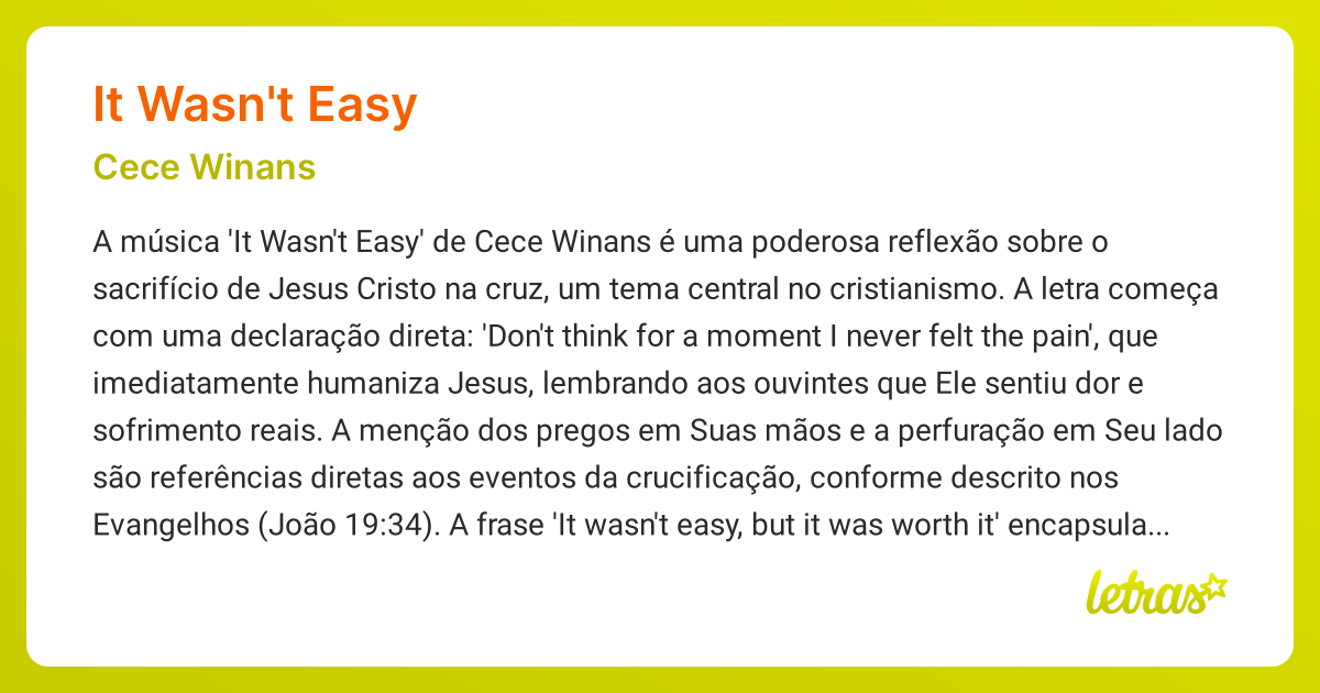 Significado da música IT WASN'T EASY (Cece Winans) - LETRAS.MUS.BR
