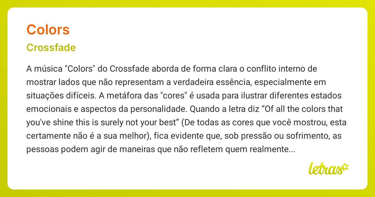 Significado da música COLORS (Crossfade) - LETRAS.MUS.BR