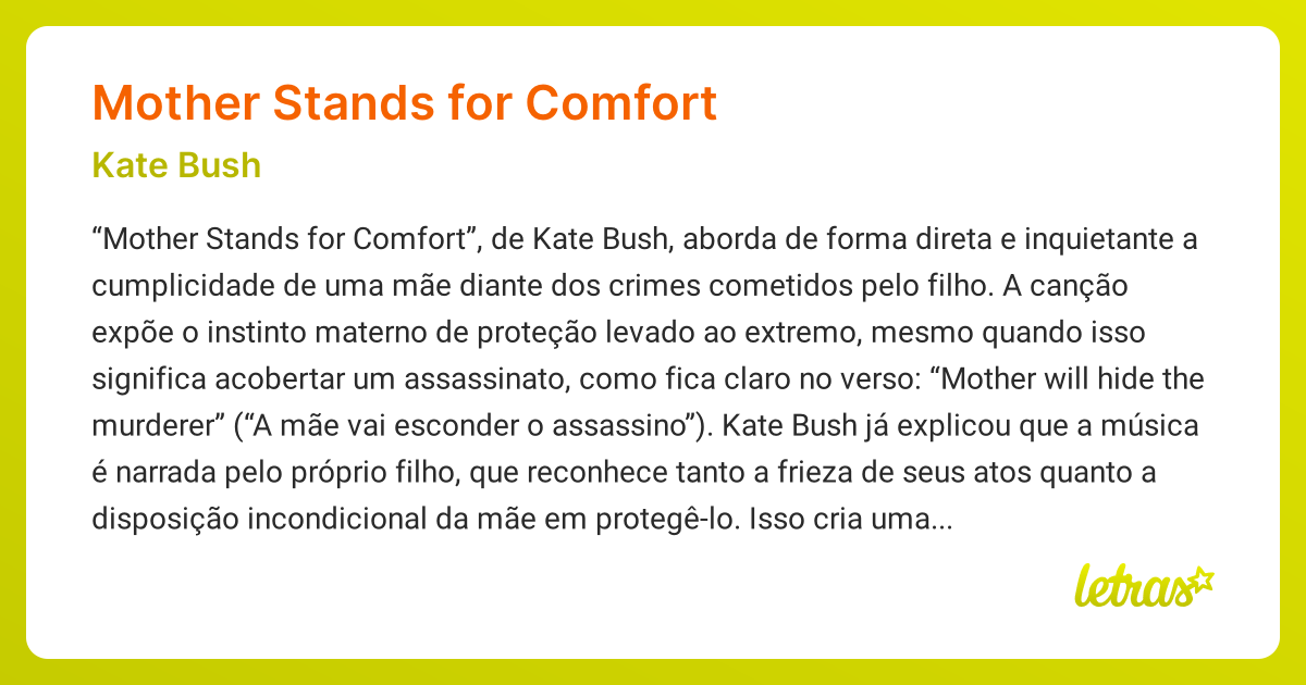 Significado da música MOTHER STANDS FOR COMFORT (Kate Bush) - LETRAS.MUS.BR