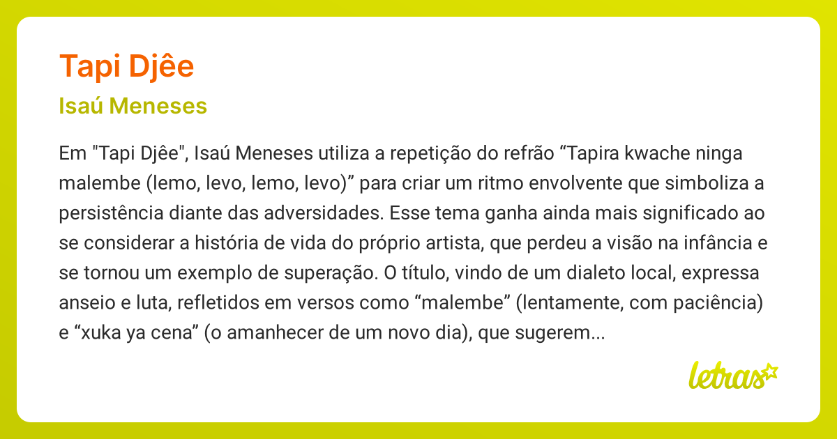 Significado da música TAPI DJÊE (Isaú Meneses) - LETRAS.MUS.BR