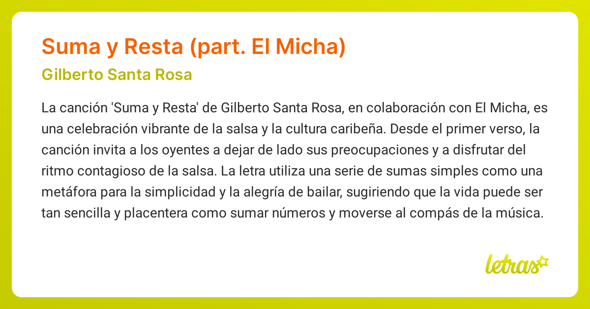 Significado de la canción SUMA Y RESTA (PART. EL MICHA) (Gilberto Santa ...