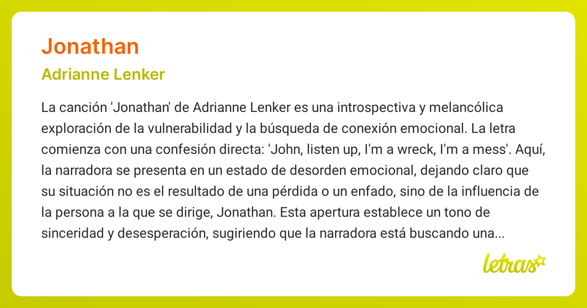 Significado de la canción JONATHAN (Adrianne Lenker) - LETRAS.COM