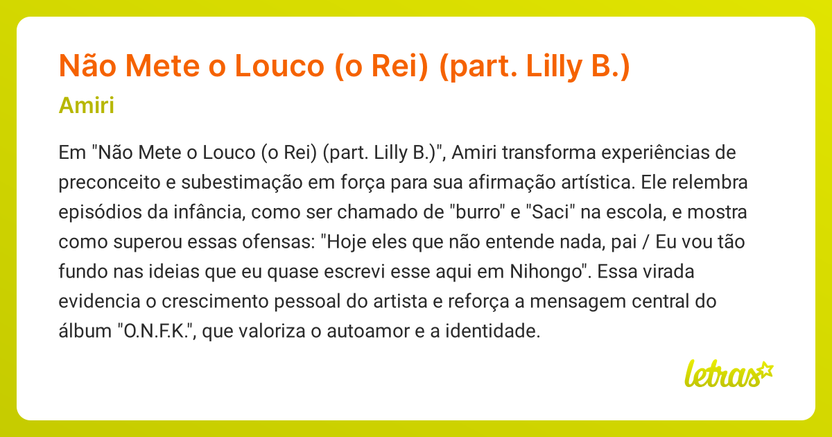 Significado da música Não Mete o Louco (o Rei) (part. Lilly B.) (Amiri ...