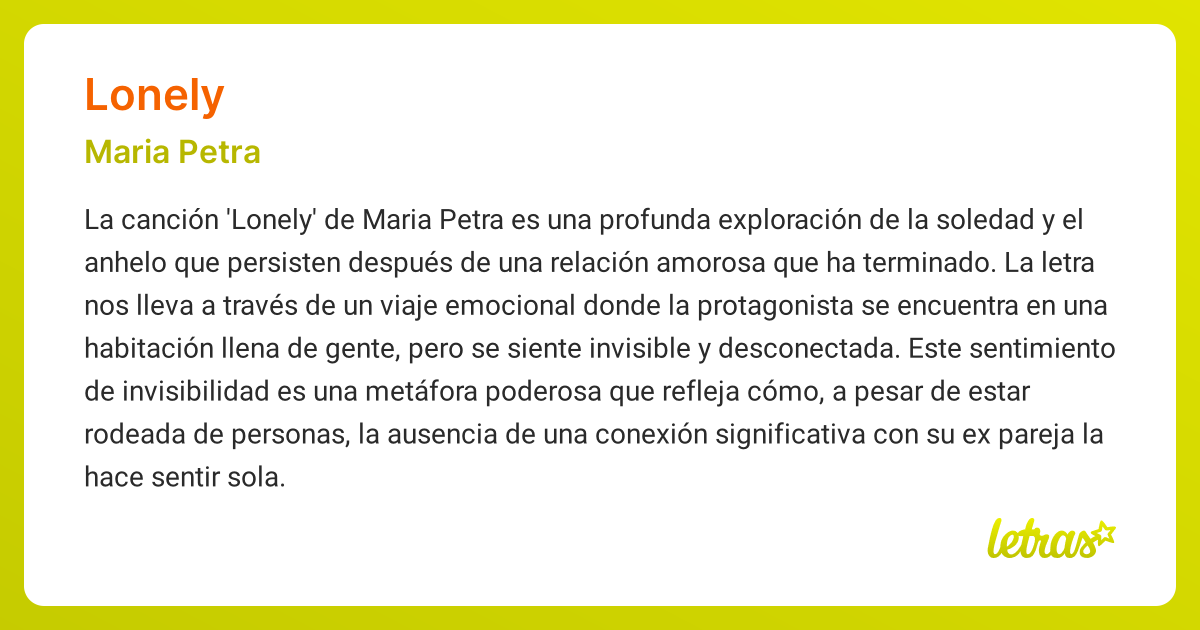 Significado de la canción LONELY (Maria Petra) - LETRAS.COM