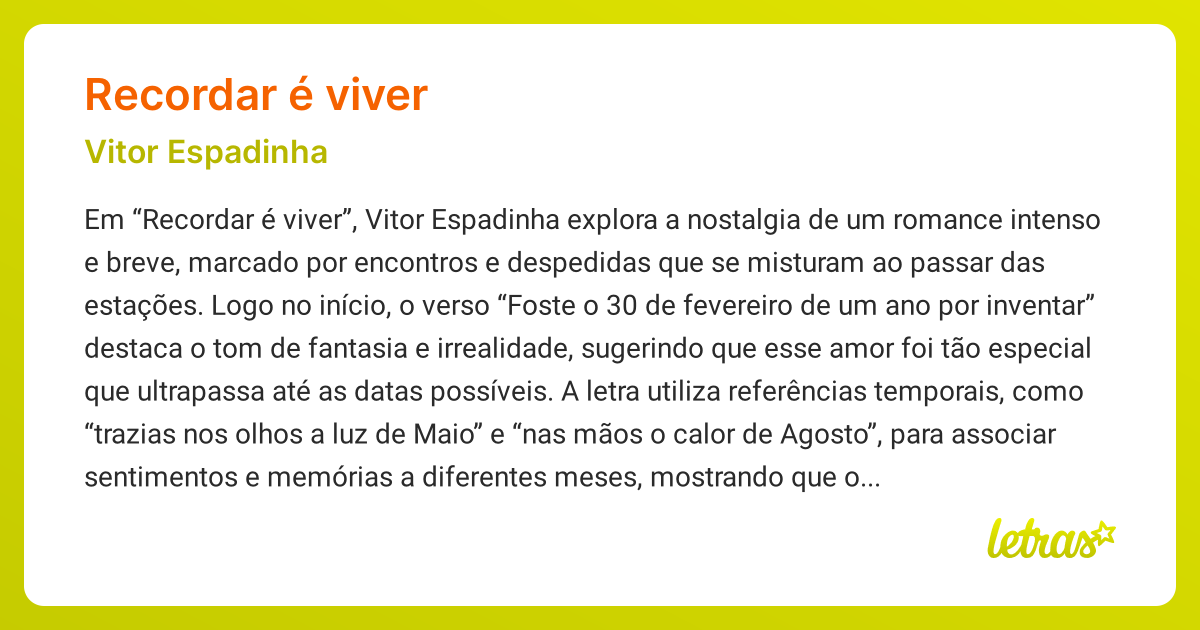 Significado da música RECORDAR É VIVER (Vitor Espadinha) - LETRAS.MUS.BR