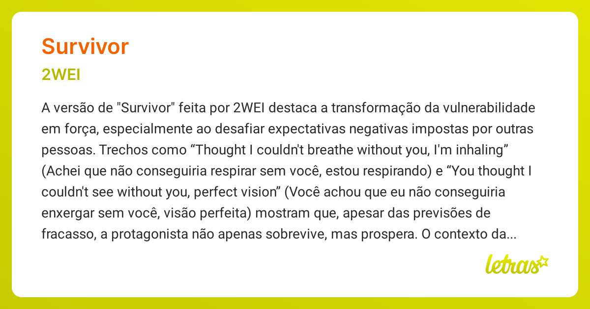 Significado da música SURVIVOR (2WEI) - LETRAS.MUS.BR