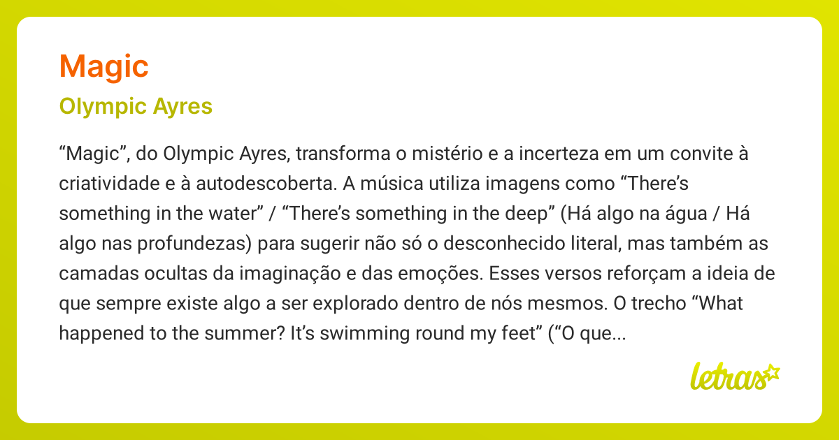 Significado da música MAGIC (Olympic Ayres) - LETRAS.MUS.BR