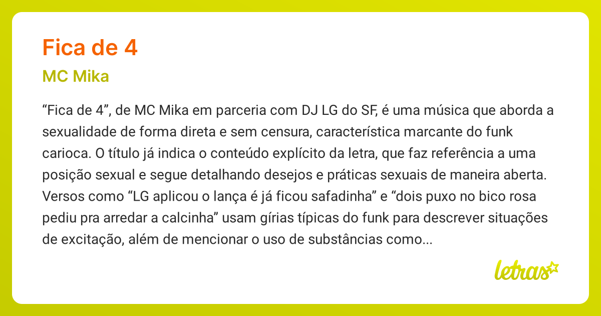 Significado da música FICA DE 4 (MC Mika) - LETRAS.MUS.BR