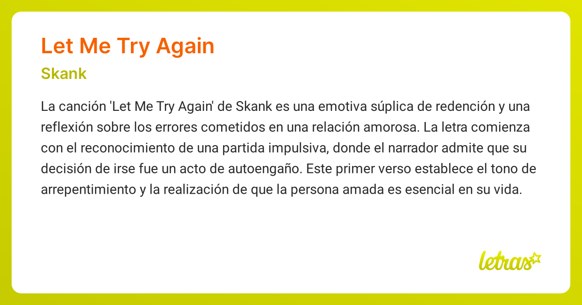 Significado de la canción LET ME TRY AGAIN (Skank) - LETRAS.COM