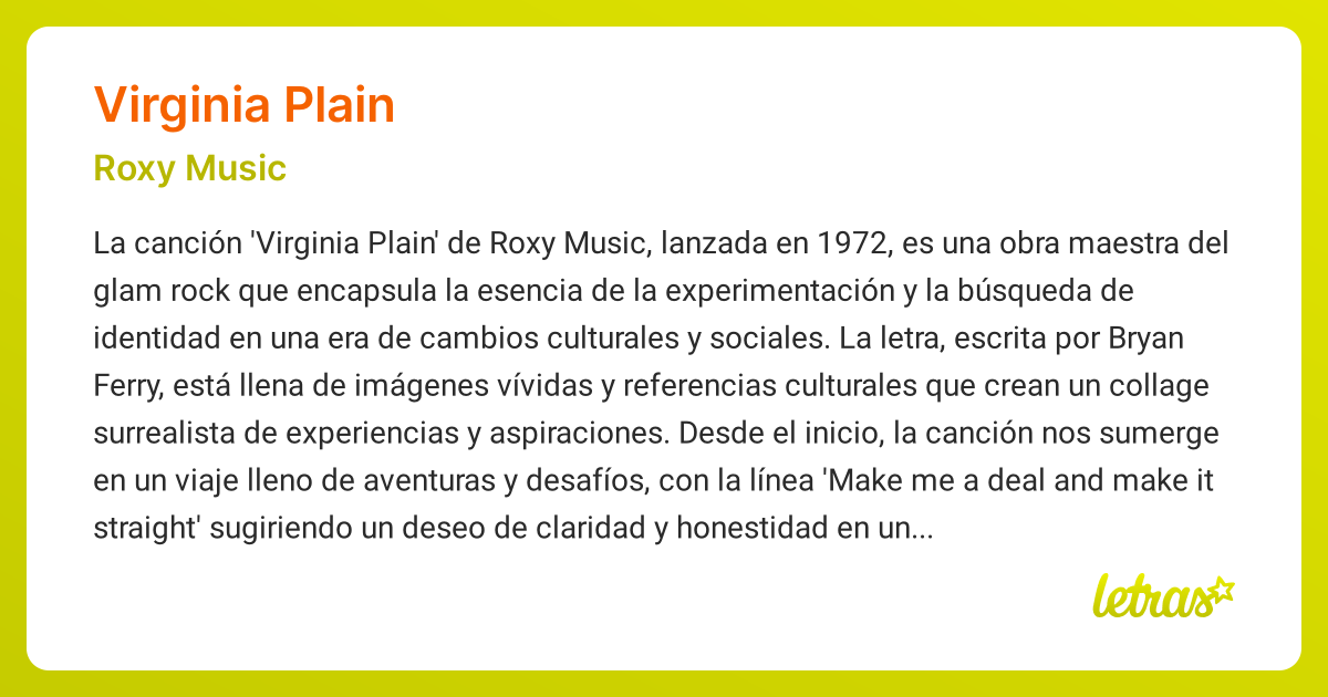 Significado de la canción VIRGINIA PLAIN (Roxy Music) - LETRAS.COM