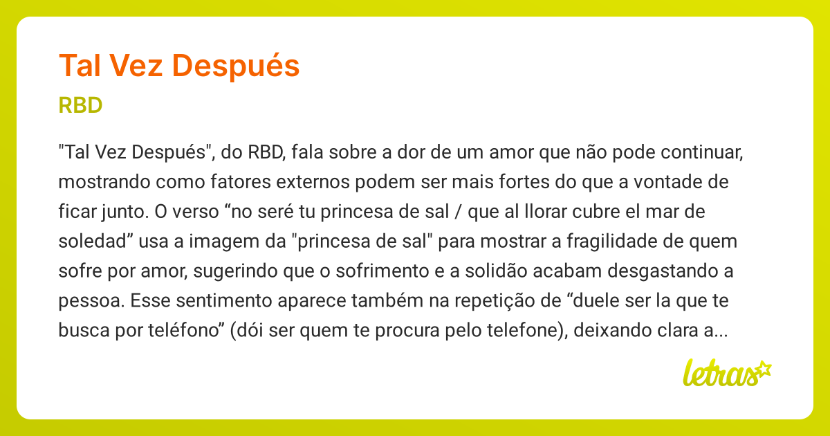Significado da música TAL VEZ DESPUÉS (RBD) - LETRAS.MUS.BR